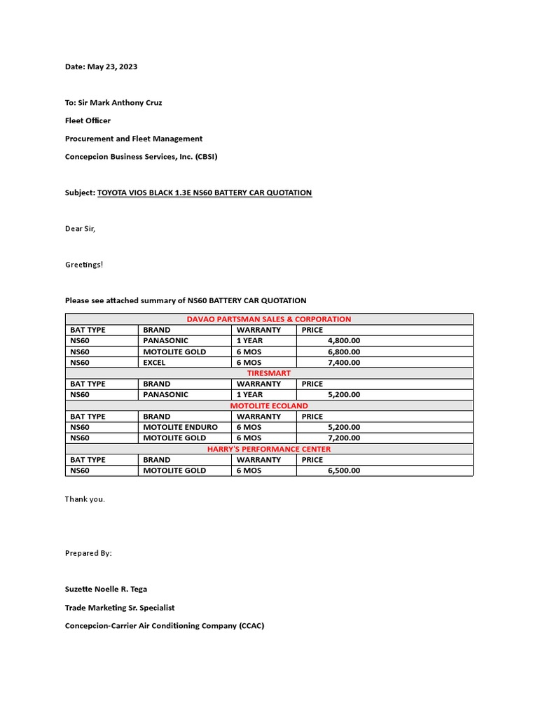 Toyota Vios 1.3e Ns60 Battery Car Quotation | PDF