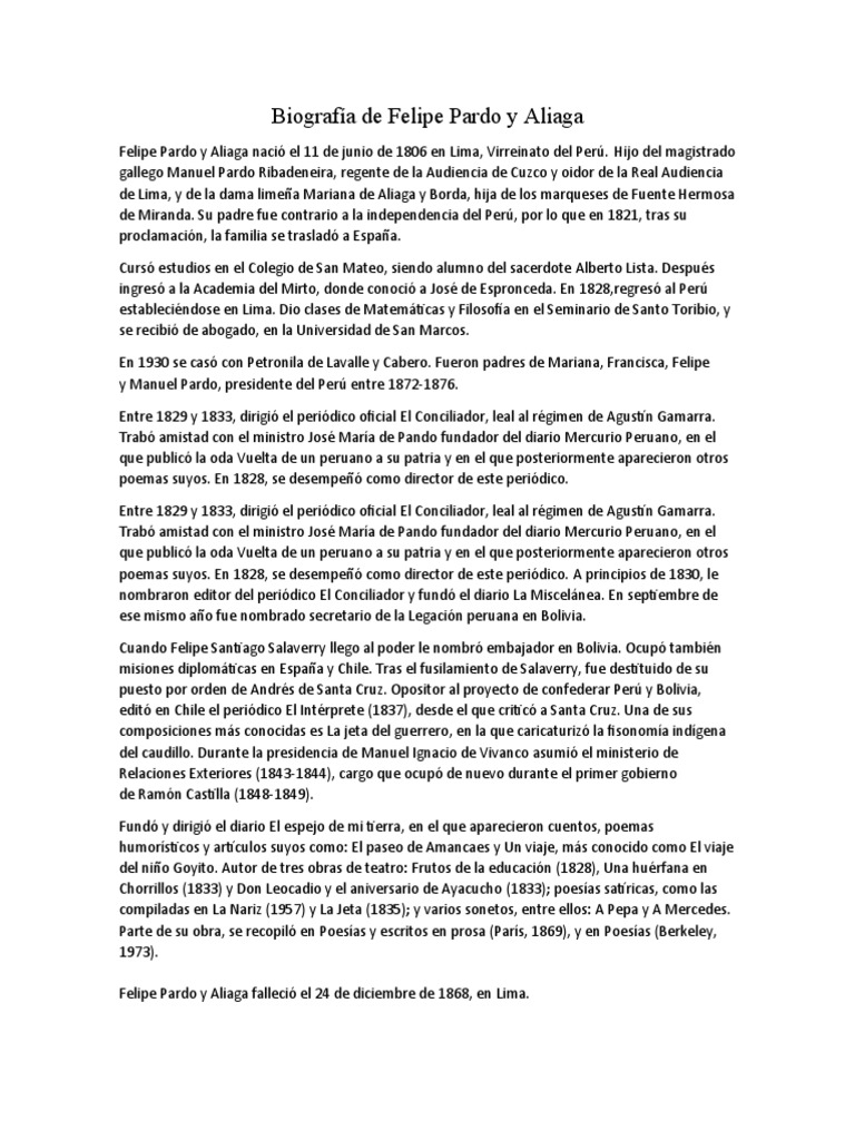 Biografía De Felipe Pardo Y Aliaga Pdf Perú América Del Sur