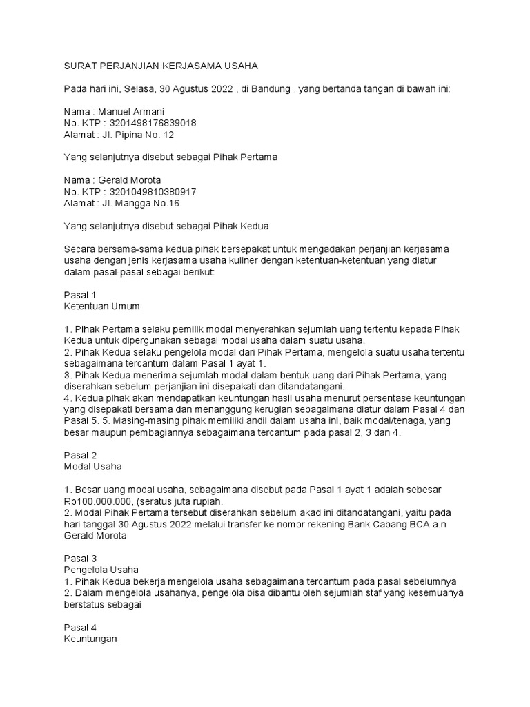 Surat Perjanjian Kerjasama Usaha Pdf