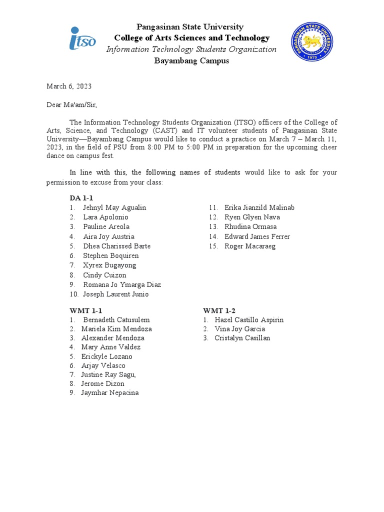 Excuse Letter For Cheerdance - March7 11 | PDF