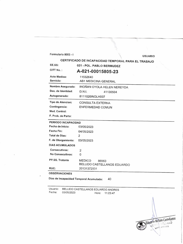 Certificado Incapacidad Temporal 2023 | PDF
