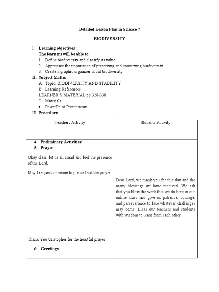 Detailed Lesson Plan in Science 7 Biodiversity The Learners Will Be ...