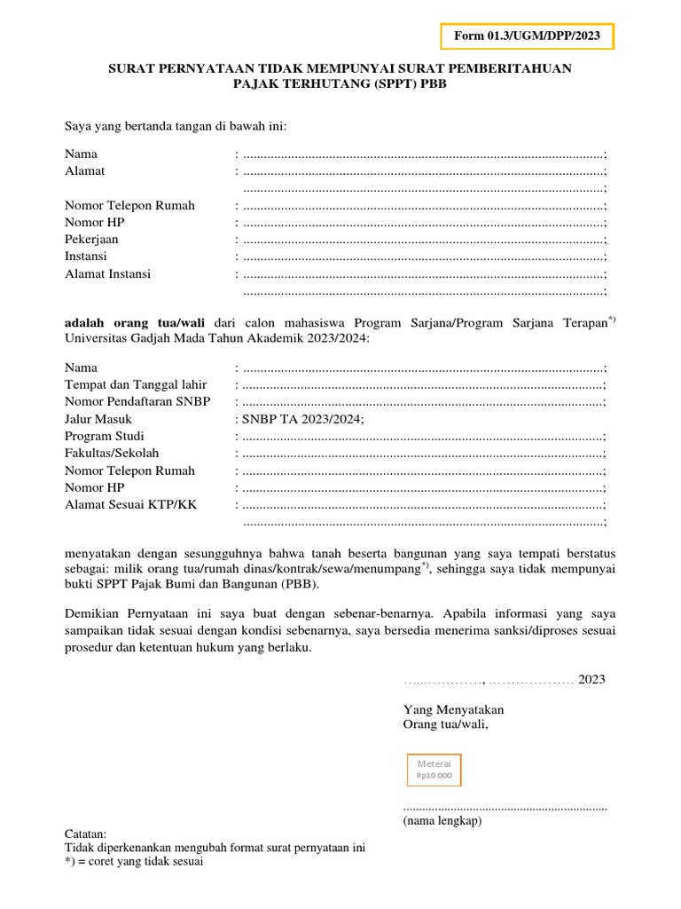 01.3 - Pernyataan Tidak Mempunyai SPPT PBB SNBP 2023 | PDF