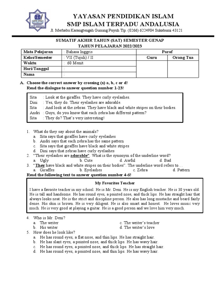 PAS B. Inggris Kelas 7 Semester 2 | PDF | Room | Bedroom
