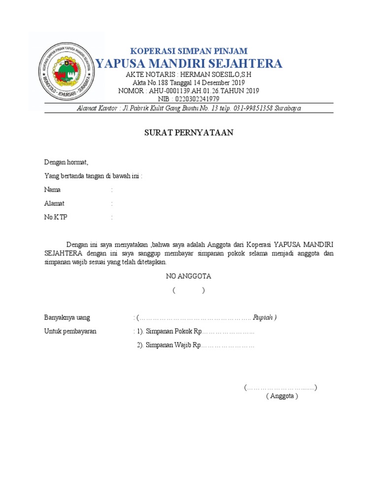 Surat Pernyataan Menjadi ANGGOTA | PDF
