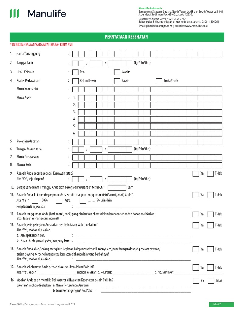 Formulir Pernyataan Kesehatan Karyawan | PDF