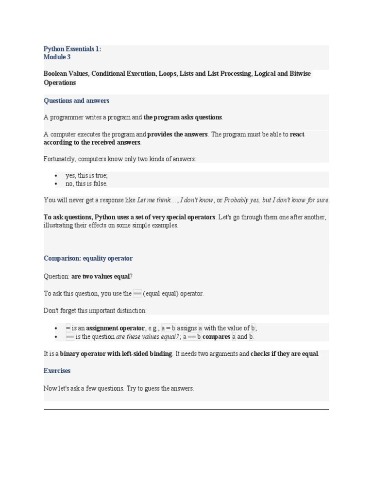 01 Boolean Values Conditional Execution Loops List Processing and Bitwise Operation | PDF ...