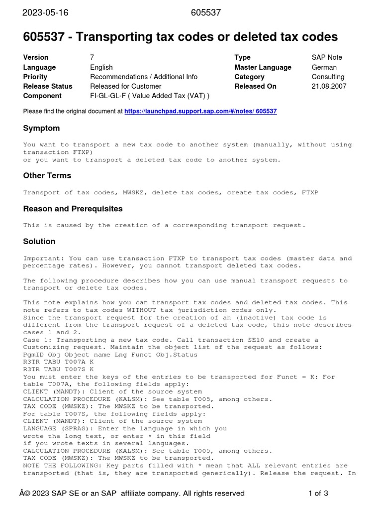 Transporting Tax Codes or Deleted Tax Codes: Symptom | PDF | Computers