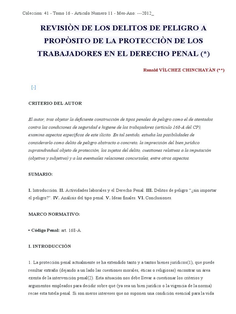Revisiòn de Los Delitos de Peligro A Propòsito de La Protecciòn de Los Trabajadores en El ...