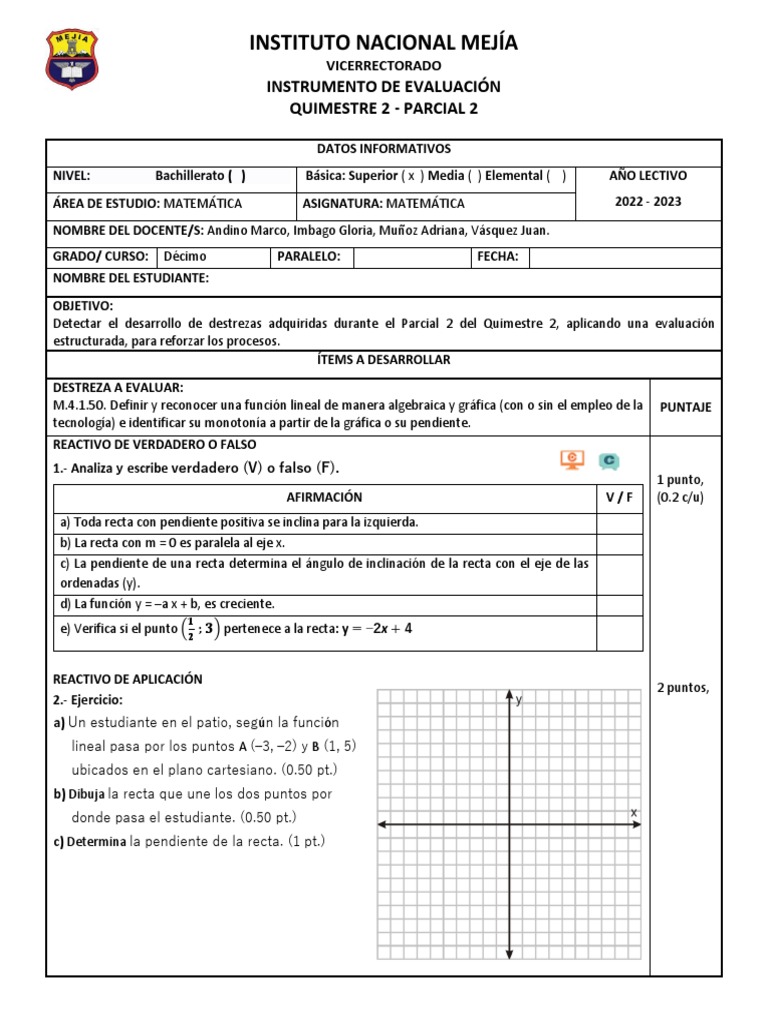 EVALUACION Q2 - P4 10mo | PDF | Ecuaciones | Pendiente