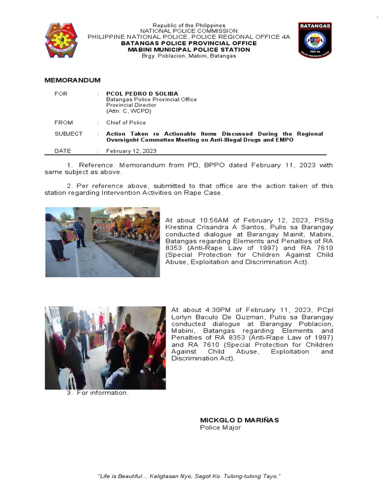 Action Taken Re Actionable Items Discussed During The Regional Oversight Committe Meeting On ...