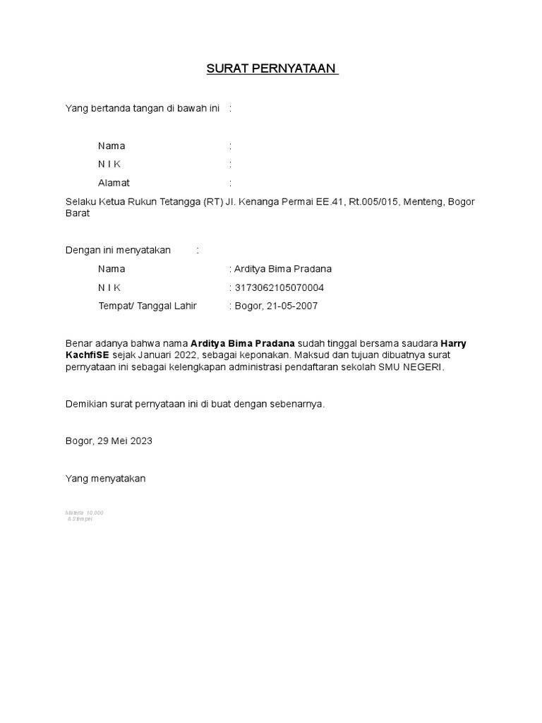 Surat Pernyataan RT | PDF