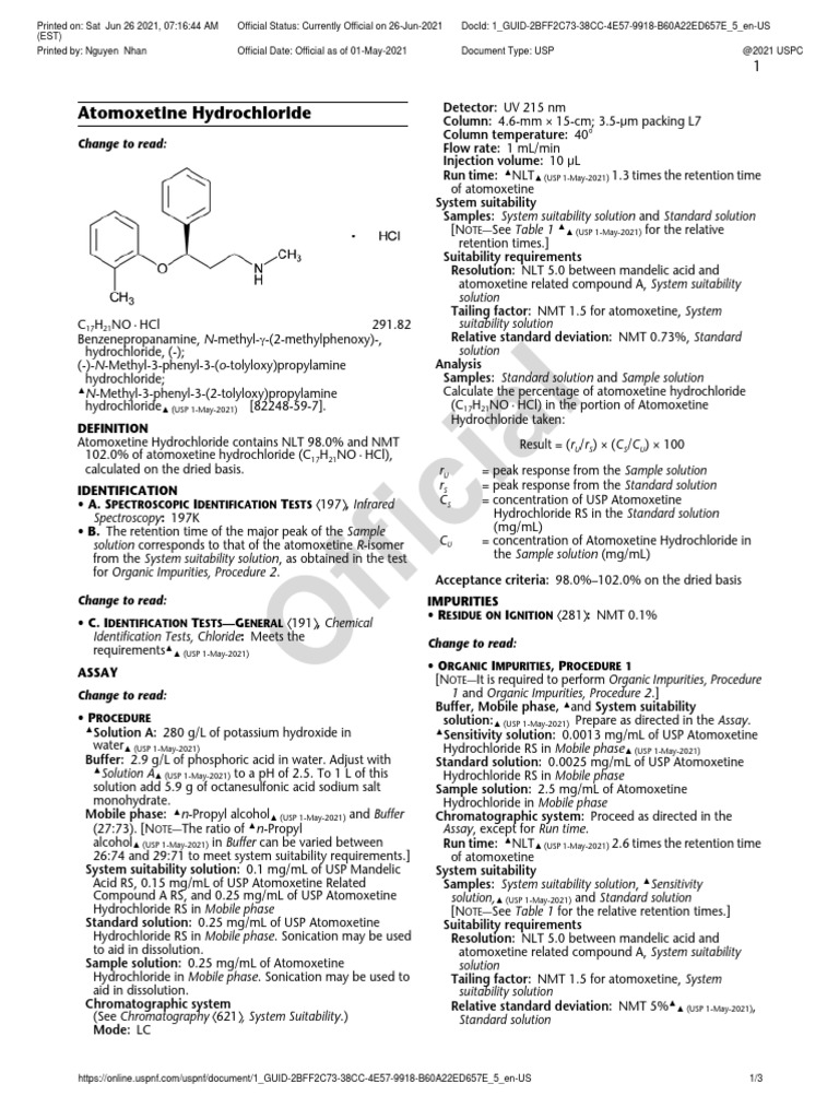Atomoxetine Hydrochloride | PDF | Chromatography | Buffer Solution