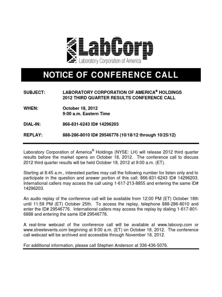 LabCorp - NOTICECONFCALL-Q3-2012 Final | PDF