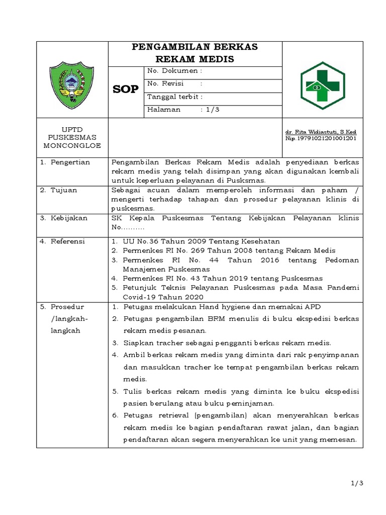 SOP PENGAMBILAN BERKAS REKAM MEDIS | PDF