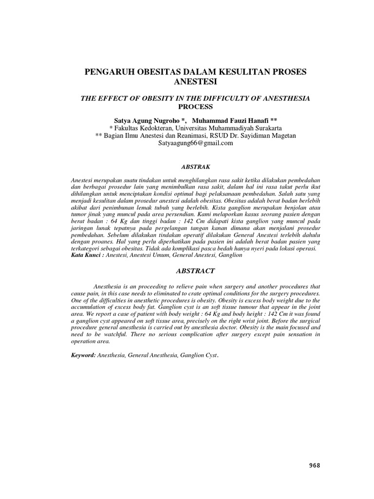 Pengaruh Obesitas Dalam Kesulitan Proses Anestesi: The Effect of ...