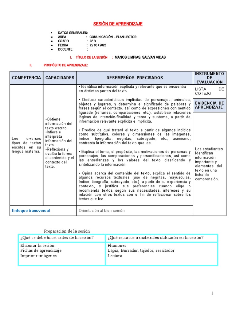 Sesion de Plan Lector | PDF | Aprendizaje | Evaluación