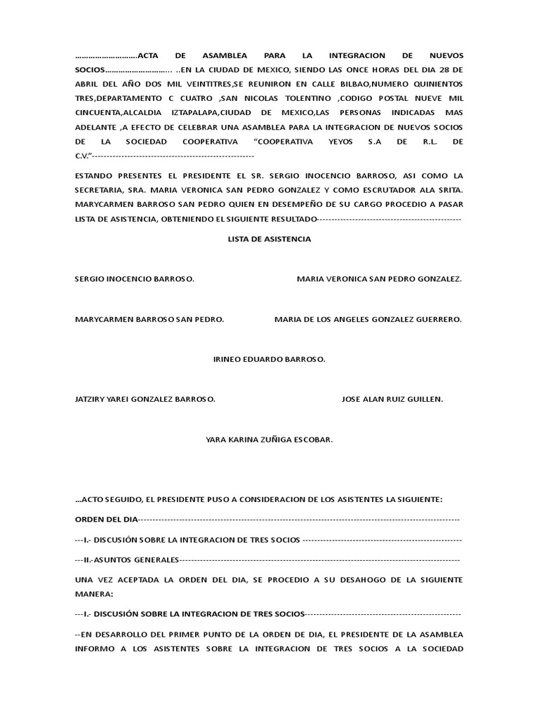 Acta de Asamblea para La Integracion de Nuevos Socios Yeyos | PDF Acta de Asamblea para La Integracion de Nuevos Socios Yeyos | PDF