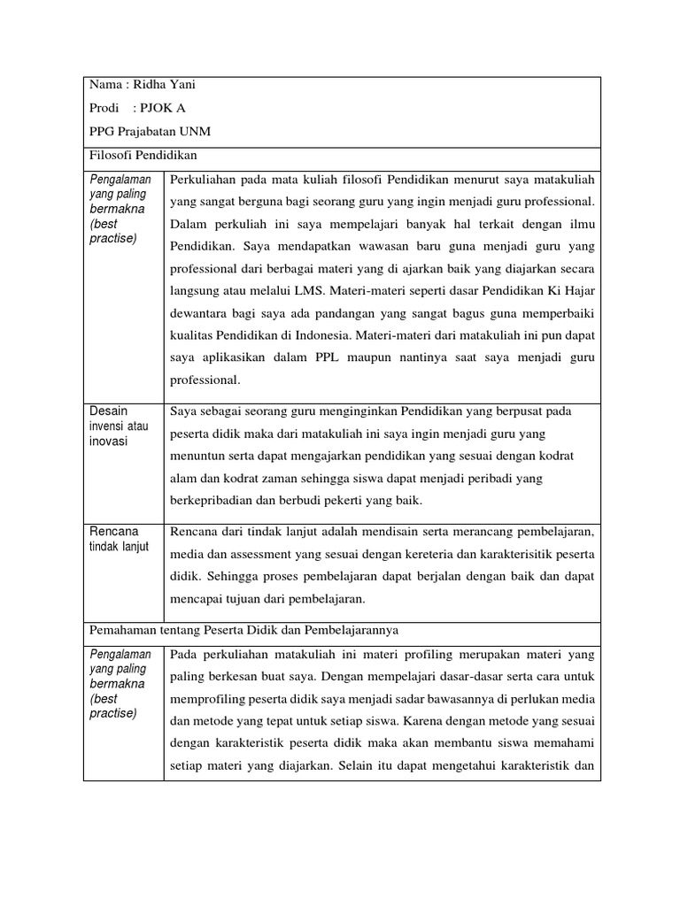 Desain Inovasi Dan Rencana Tindak Lanjut Ridha Yani | PDF | Seni | Pengembangan Diri