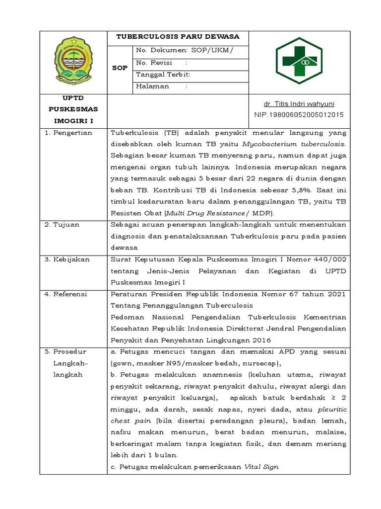 SOP Tatalaksana TB Dewasa Imo 1 | PDF | Pengembangan Diri | Kesehatan Holistik