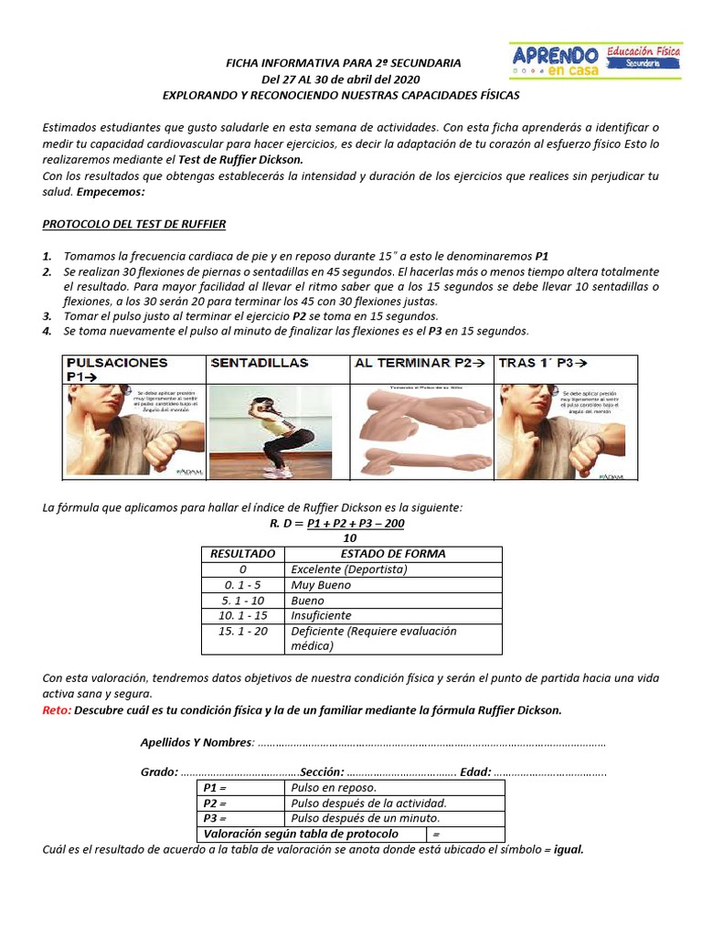 Protocolo Del Test de Ruffier 2º Grado Secundaria Ed - Fisica | PDF