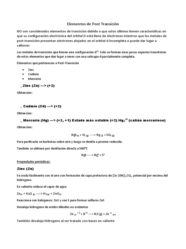 Elementos de Post Transición | PDF | Zinc | Metales de transición