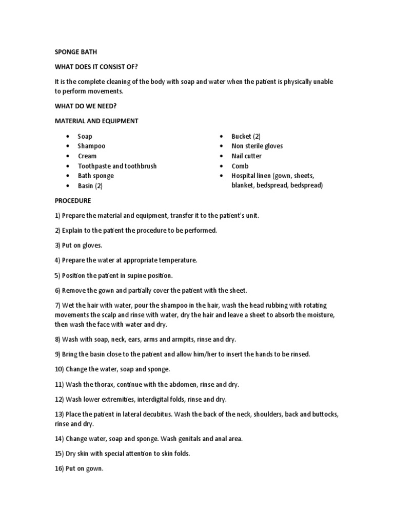 Sponge Bath Process | PDF