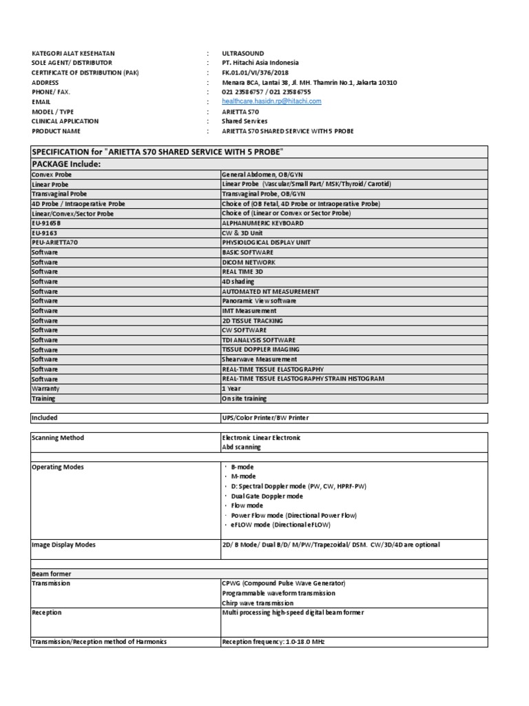 PACKAGE Include: Specification For "Arietta S70 Shared Service With 5 Probe" | PDF | Medical ...