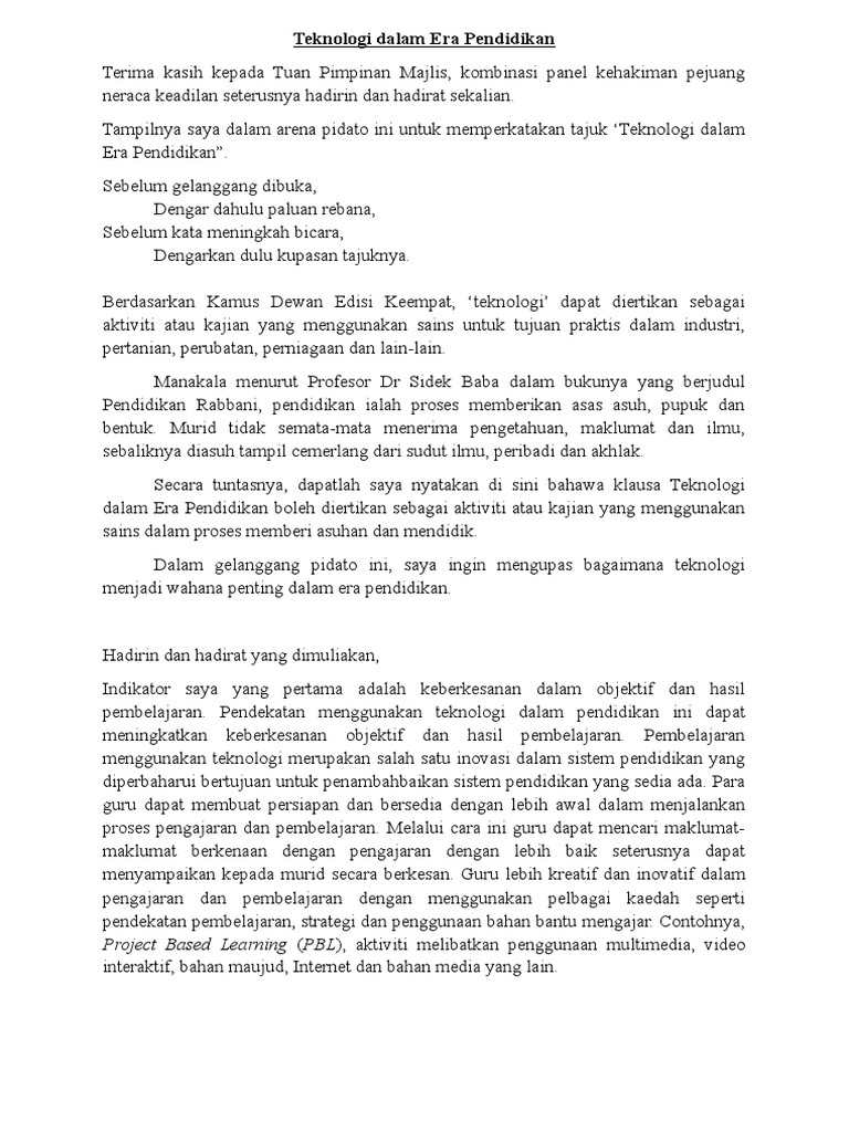 Teks Pidato Teknologi Dalam Era Pendidikan | PDF