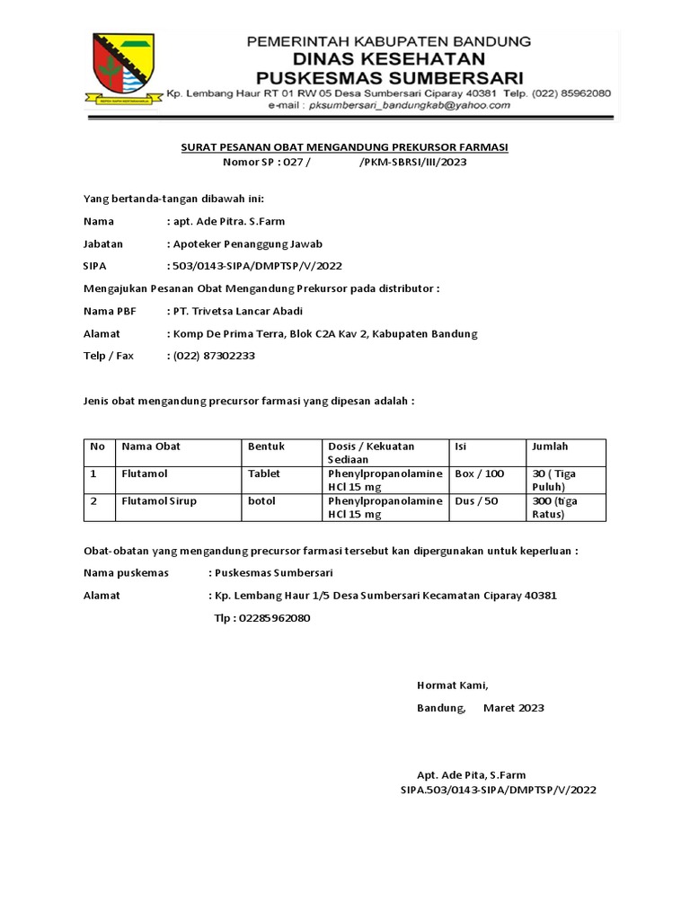 Surat Pesanan Obat Mengandung Prekursor Farmasi | PDF