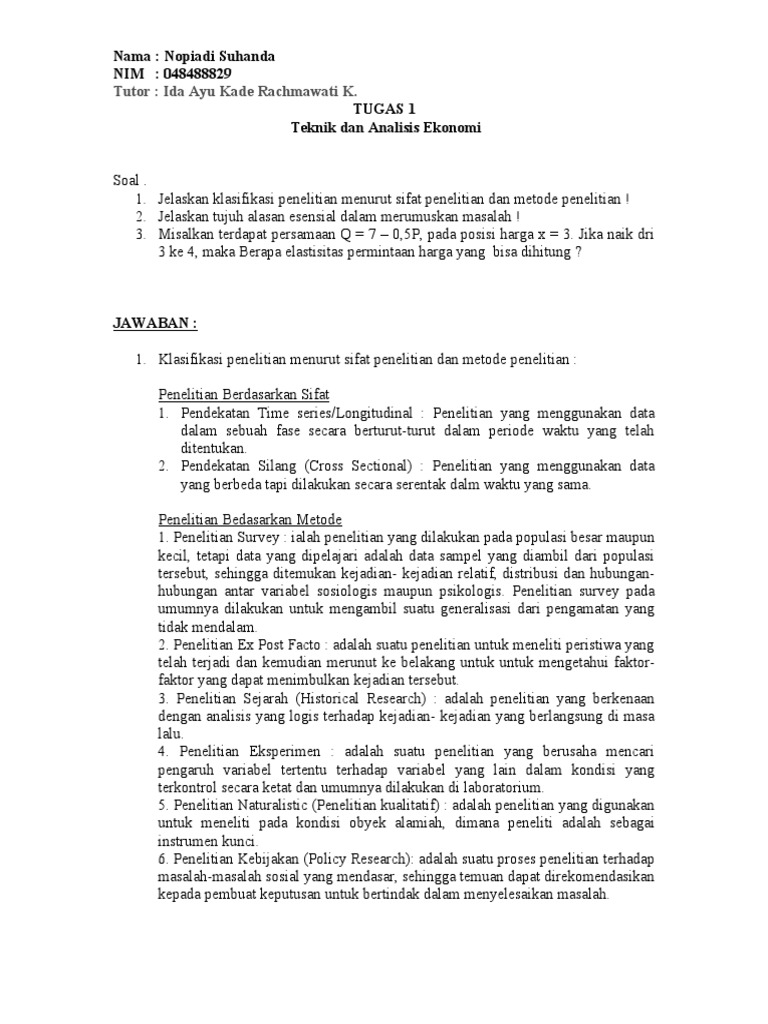 Tugas 1 Teknik Dan Analisis Ekonomi | PDF