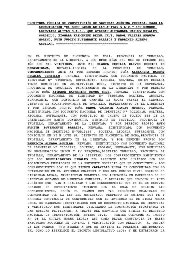 ESCRITURA PÚBLICA DE CONSTITUCIÓN DE SOCIEDAD ANÓNIMA CERRADA (1) (Recuperado Automáticamente) | PDF