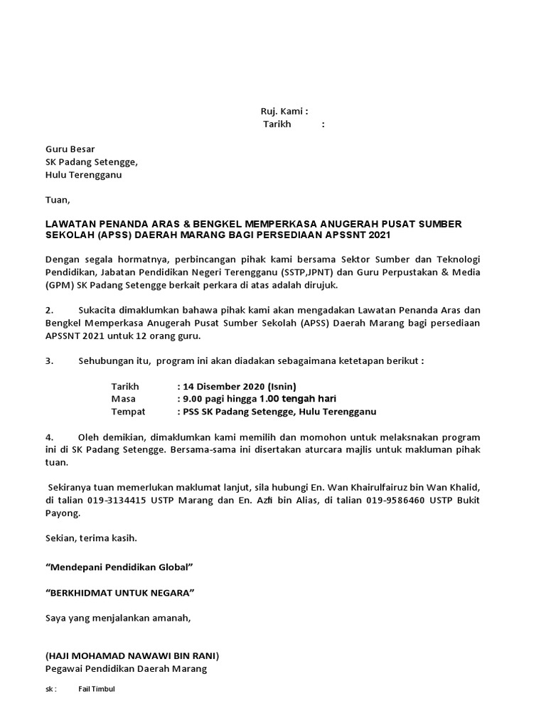 Surat Memohon Lawatan Penanda Aras | PDF