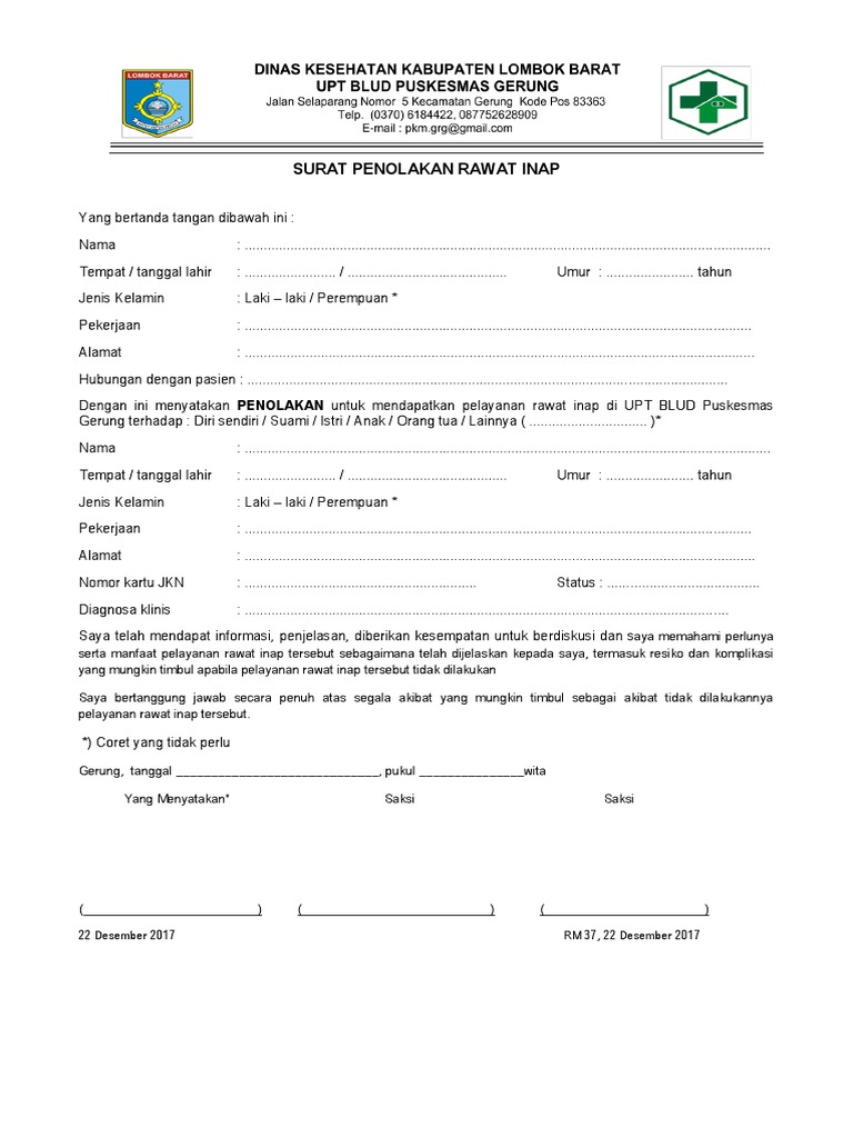 RM 37. Surat Penolakan Rawat Inap | PDF