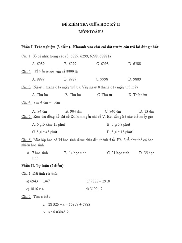 De Kiem Tra Toan 3 Giua Ki 2 | PDF