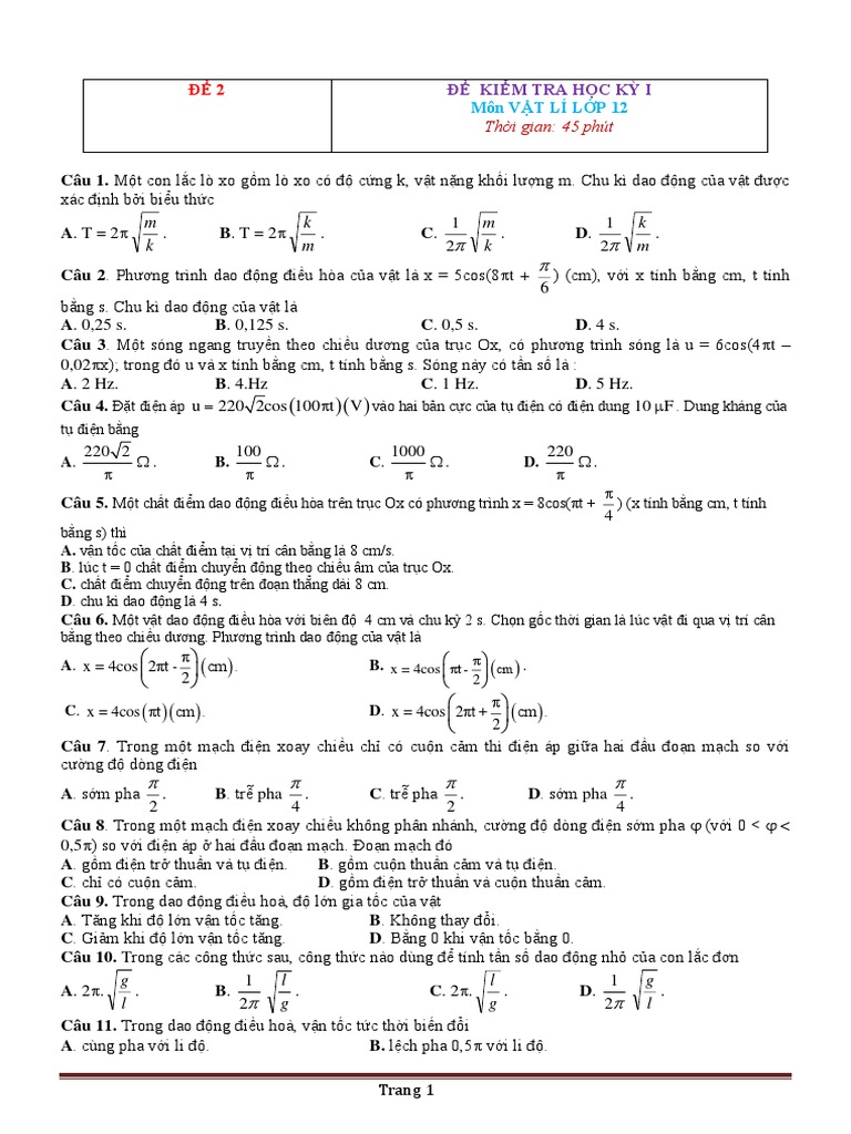 Bo de Thi Hk1 Ly 12 Co Dap An | PDF