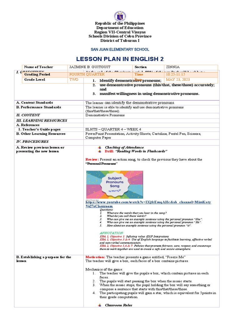 English 2 Lesson Plan: Demonstrative Pronouns | PDF | Foreign Language Studies