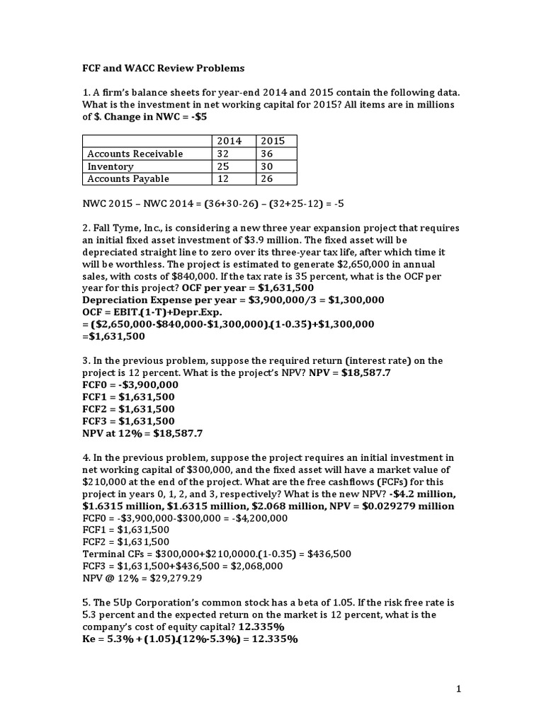 FCFWACCReviewproblemspart 1 Solution | PDF | Depreciation | Cost Of Capital