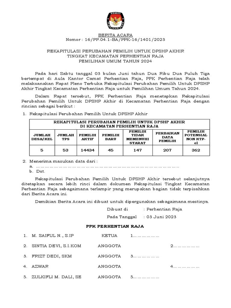 16 Berita Acara Rekap DPSHP Akhir Tingkat Kecamatan | PDF 16 Berita Acara Rekap DPSHP Akhir Tingkat Kecamatan | PDF