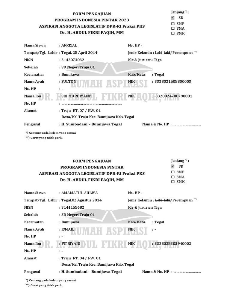 Form Pengajuan PIP 2023 | PDF