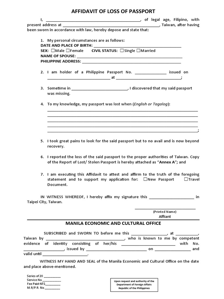 Passport Loss Affidavit Template | PDF