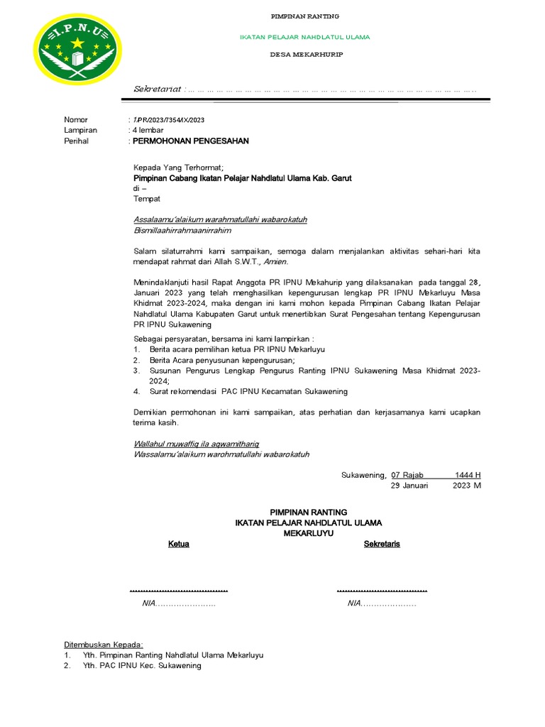 Contoh Draf Surat Permohonan Pengesahan PR Mekarluyu | PDF