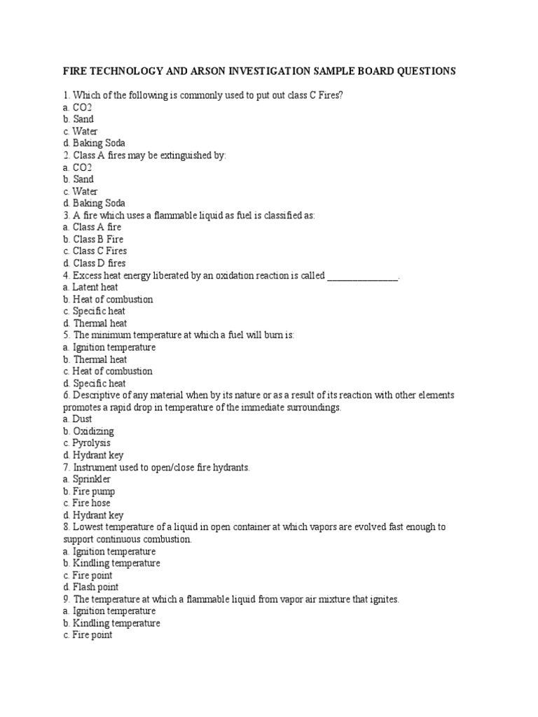 Fire Technology and Arson Investigation Sample Board Questions | PDF