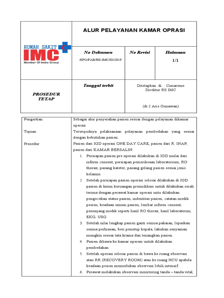 Sop Alur Pelayanan Kamar Oprasi Pdf