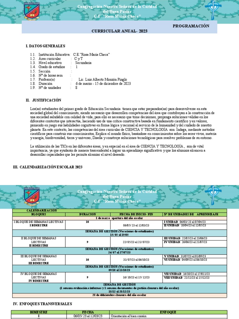Esquema Programación Curricular Anual 1 | PDF