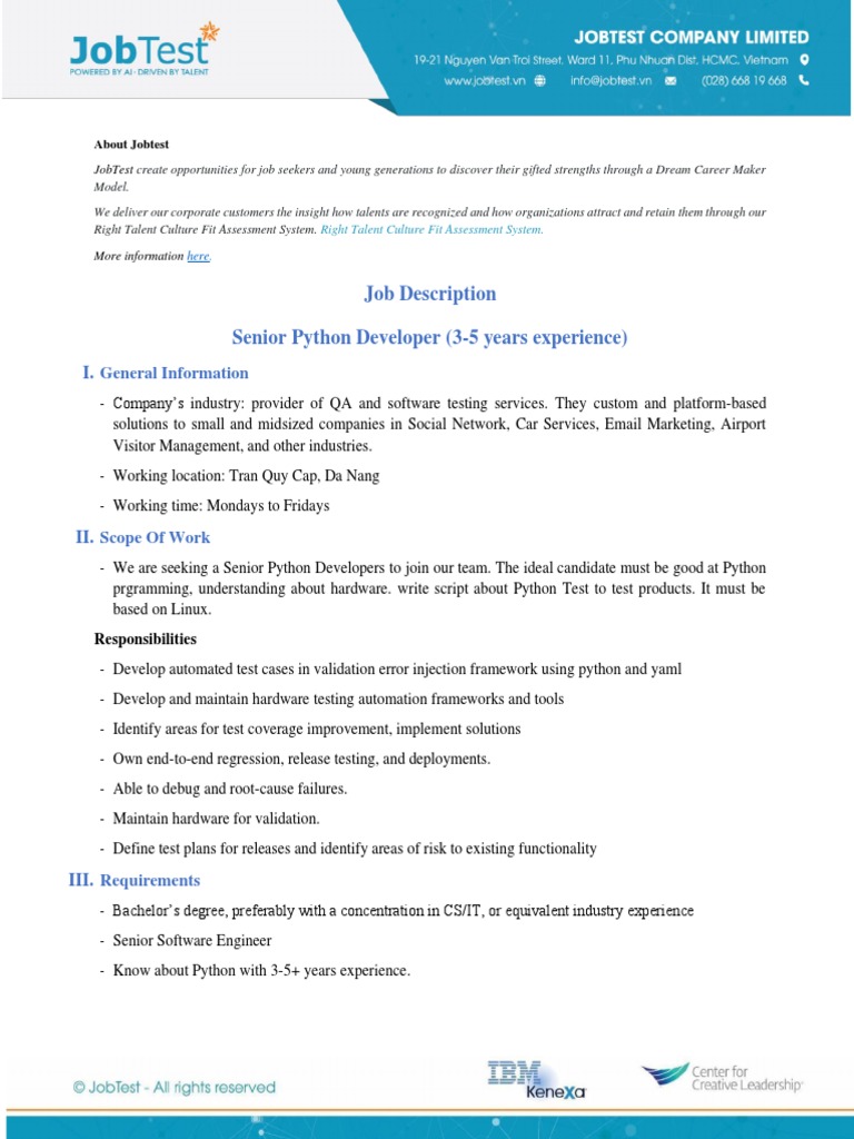 Jd Senior Python Developer Pdf Computing Computer Science