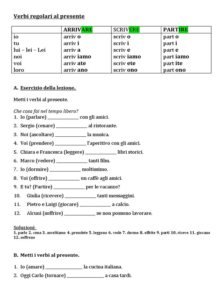 Verbi Al Presente Coniugazione - Esercizi | PDF