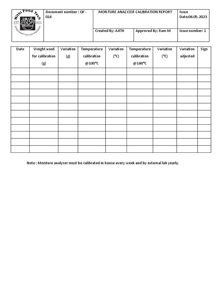 QF 014 Moisture Analyzer Calibration Report PDF