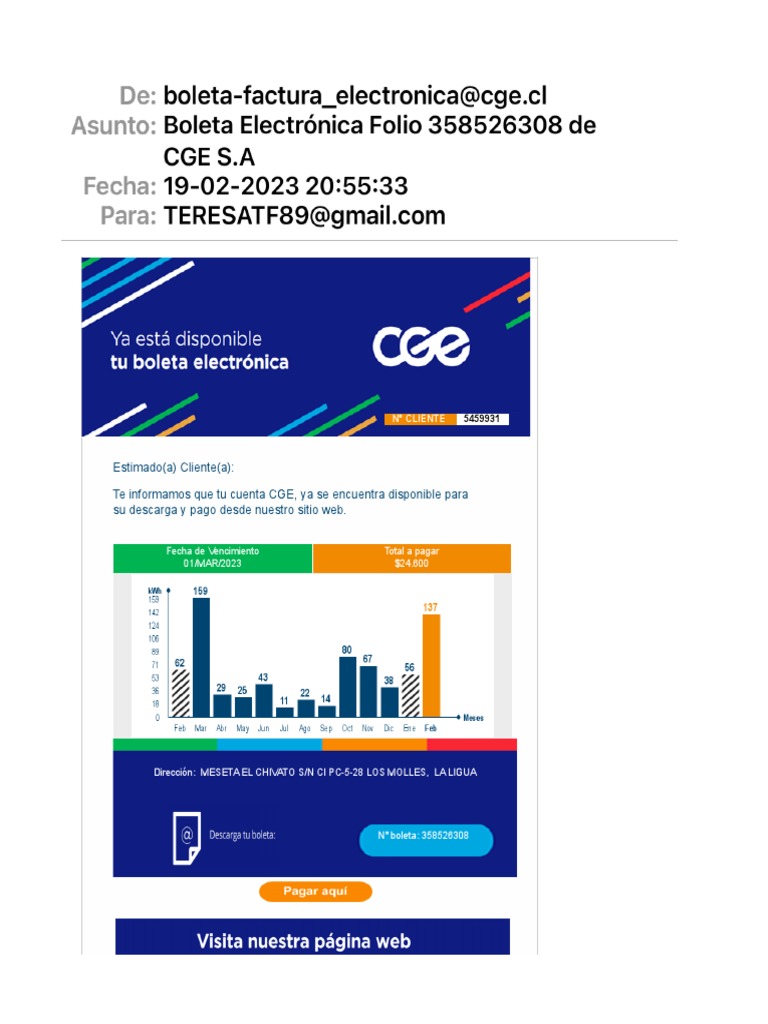 Boleta Electrónica Folio 358526308 de CGE S.A | PDF | Finanzas y dinero