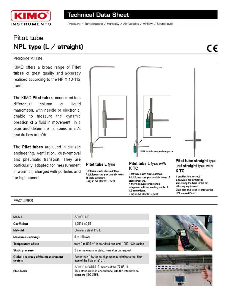NPL_Ltype Pitot Static TubeDatasheet Kimo Pitot TPL_18122378 | PDF | Pressure Measurement | Pressure